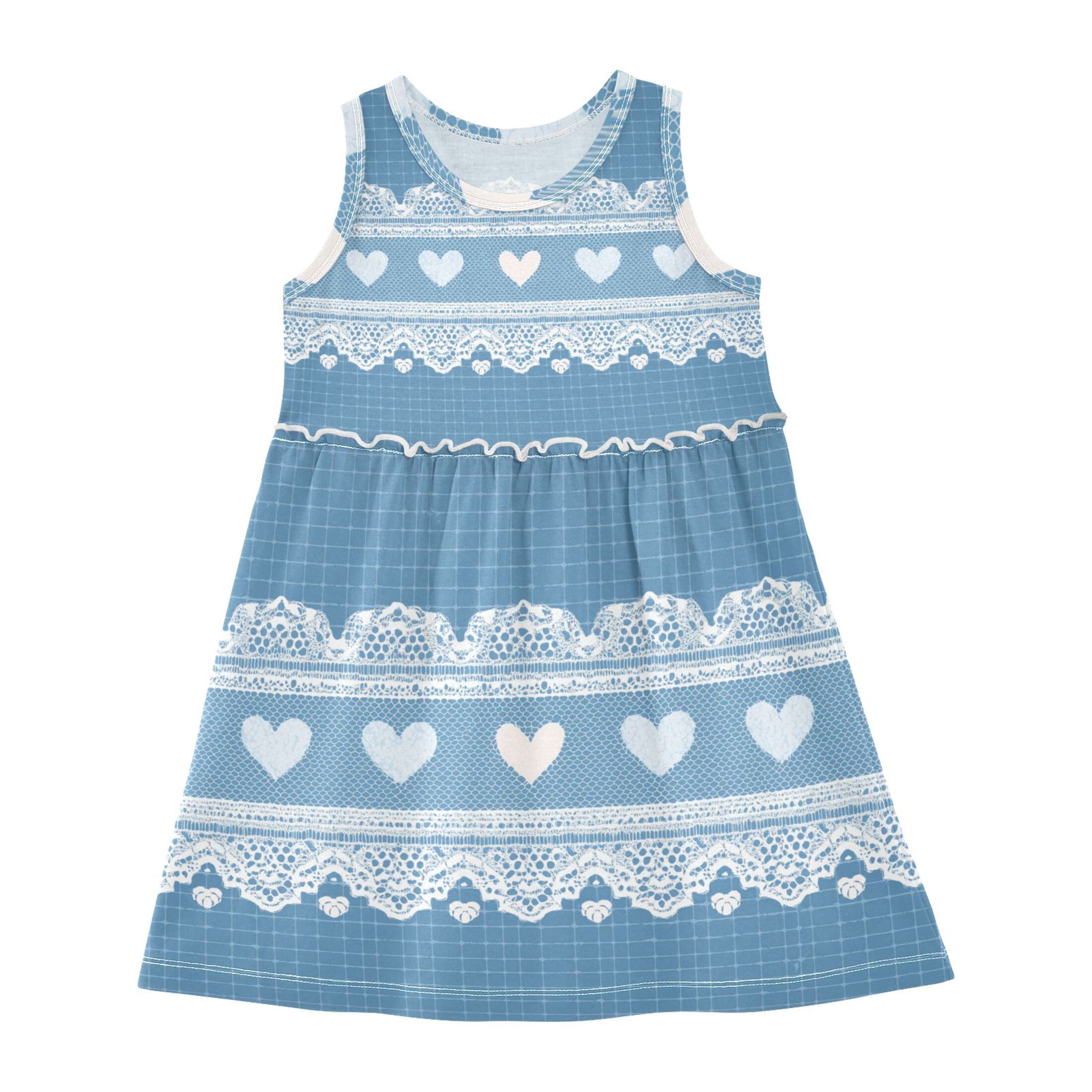 Blue Grids Lace Hearts Valentine Sleeveless Dress A-Line One-Piece ...