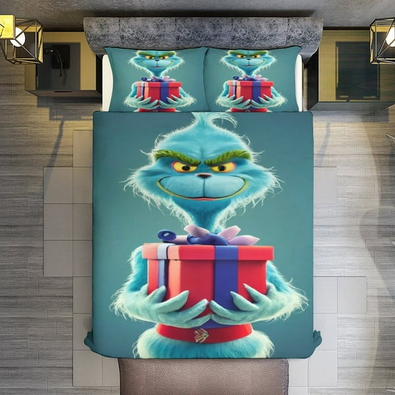 Blue Grinch,grinch Gives A Gift 3 Pieces Duvet Cover Set with 2 ...