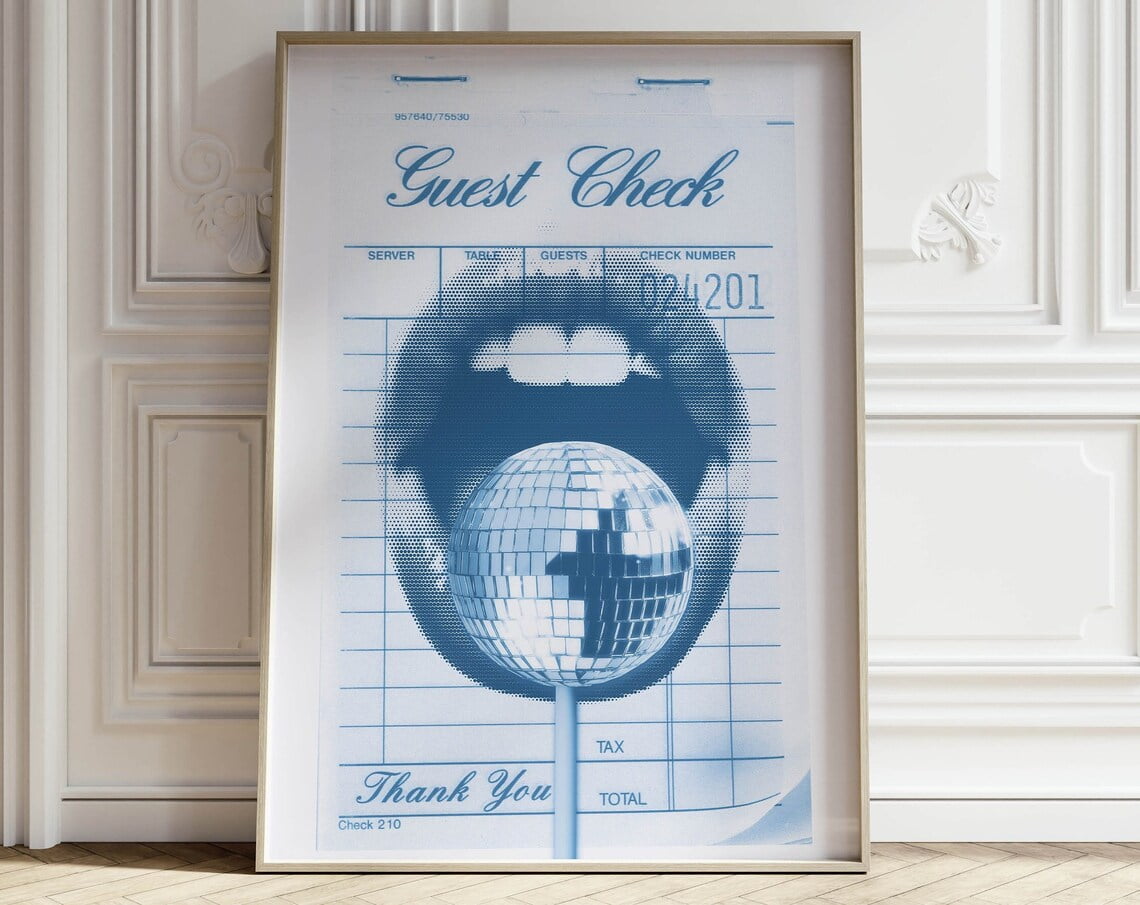 Blue Guest Check Wall Art Retro Aesthetic Room Decor, Disco Ball Guest ...