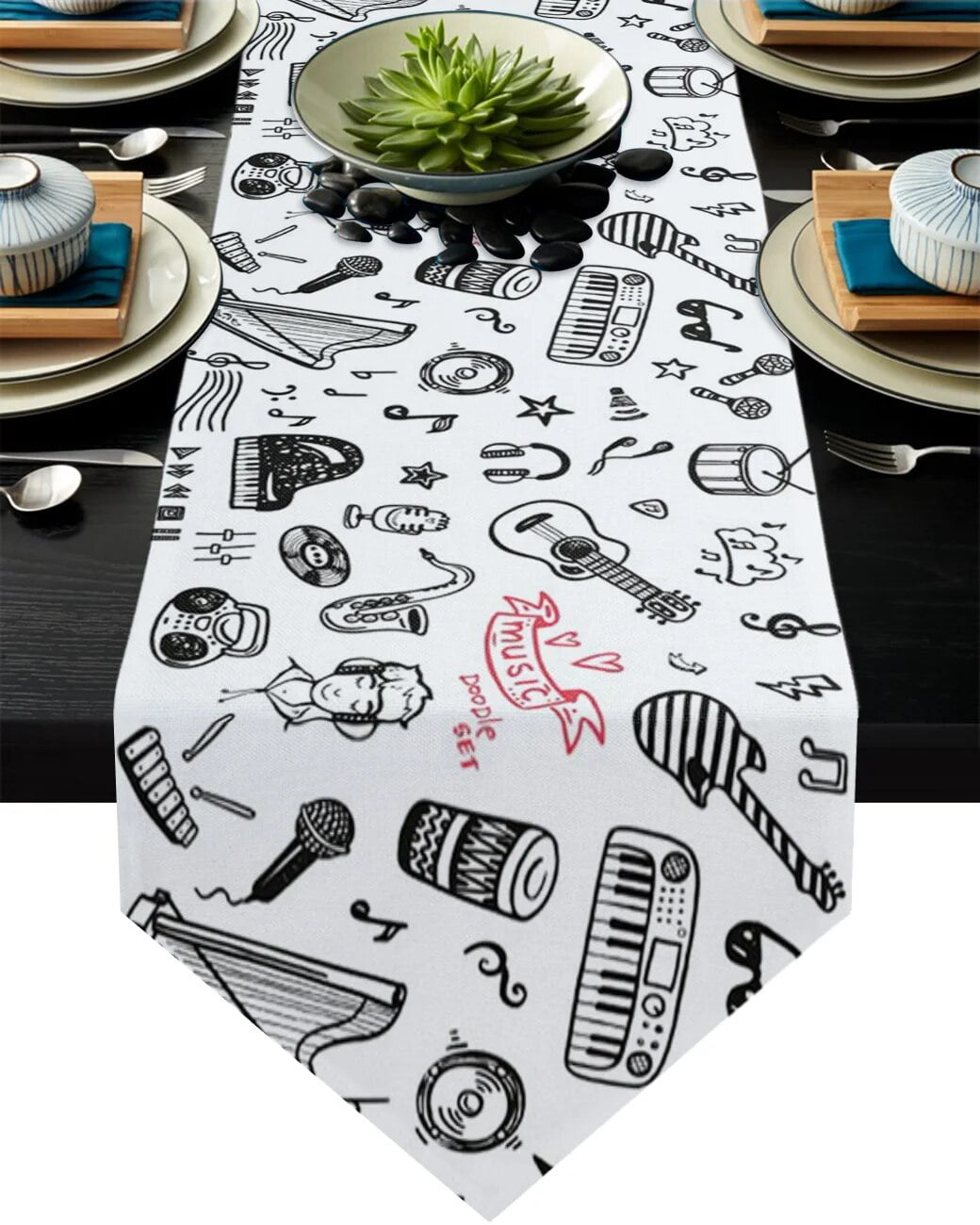 Blue Guitar Music Notes Retro Style Table Runner Wedding Party Table ...