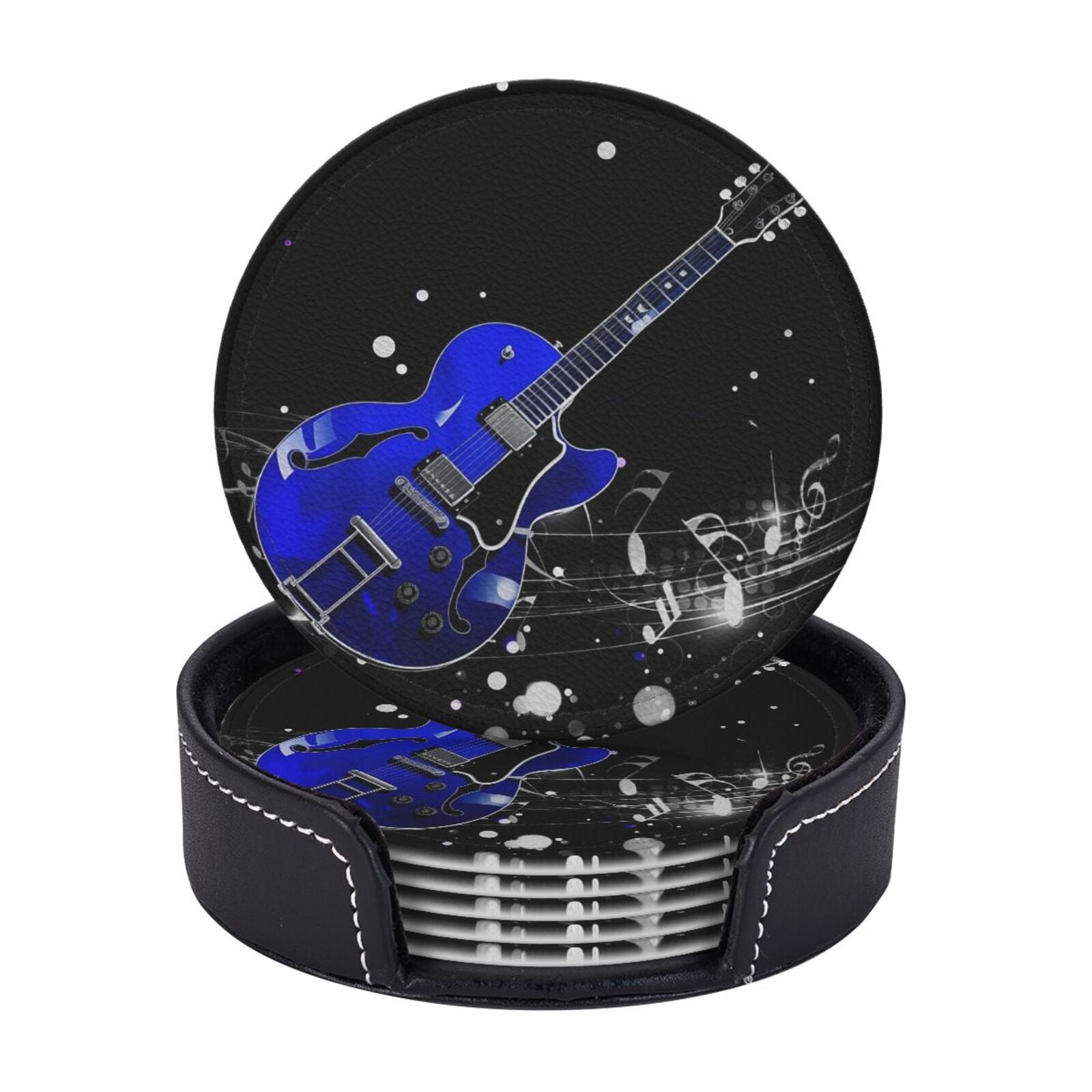 Blue Guitar Notes Coasters With Leather Holder Set Of 6 Round Coasters ...