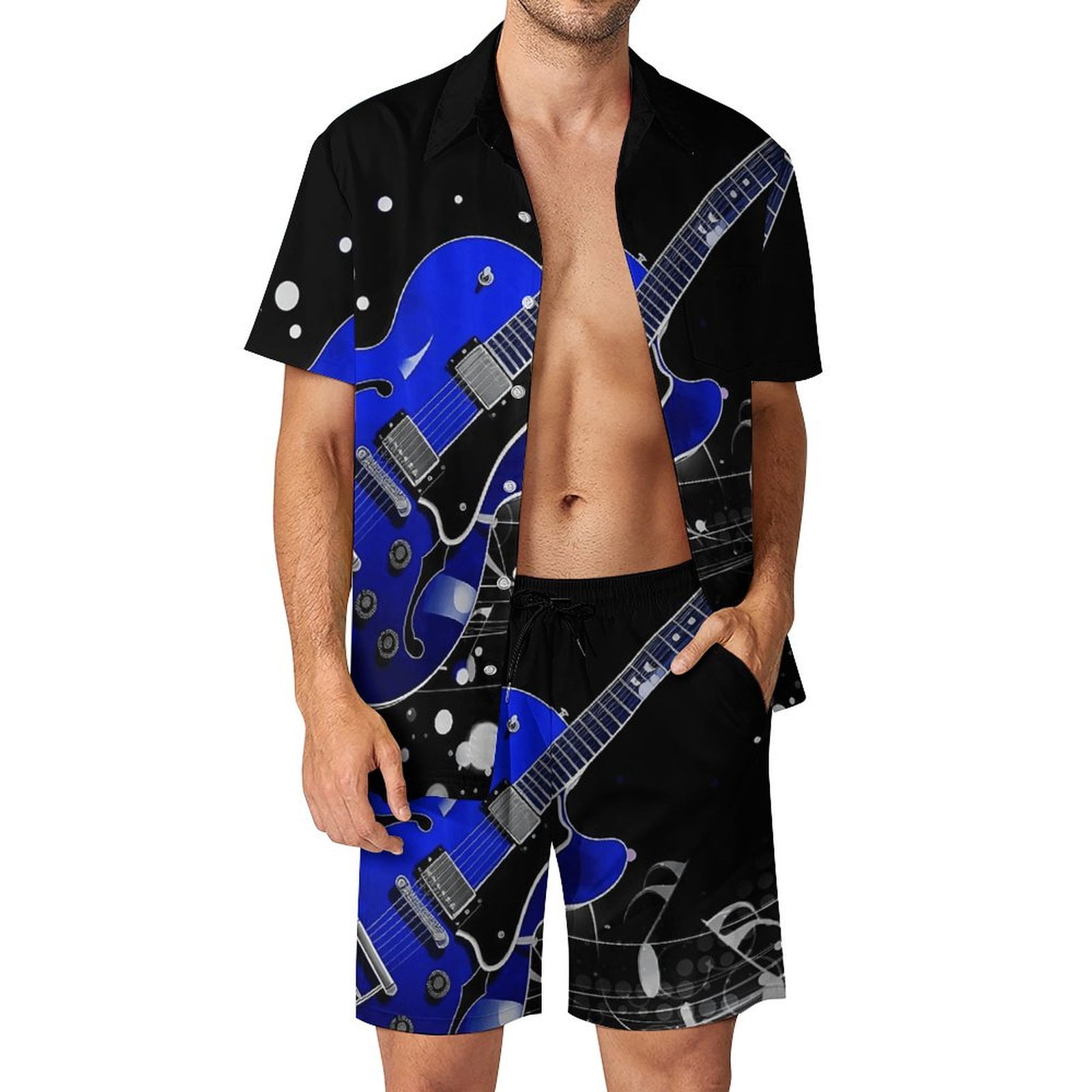 Blue Guitar Notes Mens 2 Piece Casual Outfits Short Sleeve Button Down ...