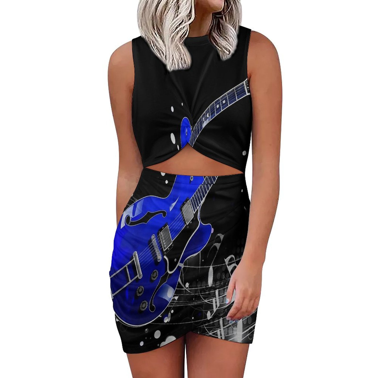 Blue Guitar Notes Women's Crossover Slim Hip Dress Summer Crossover ...
