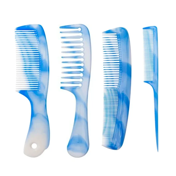 Blue Hair Comb Set - Wide Tooth, Fine Tooth, Rat Tail, and Dual Comb ...
