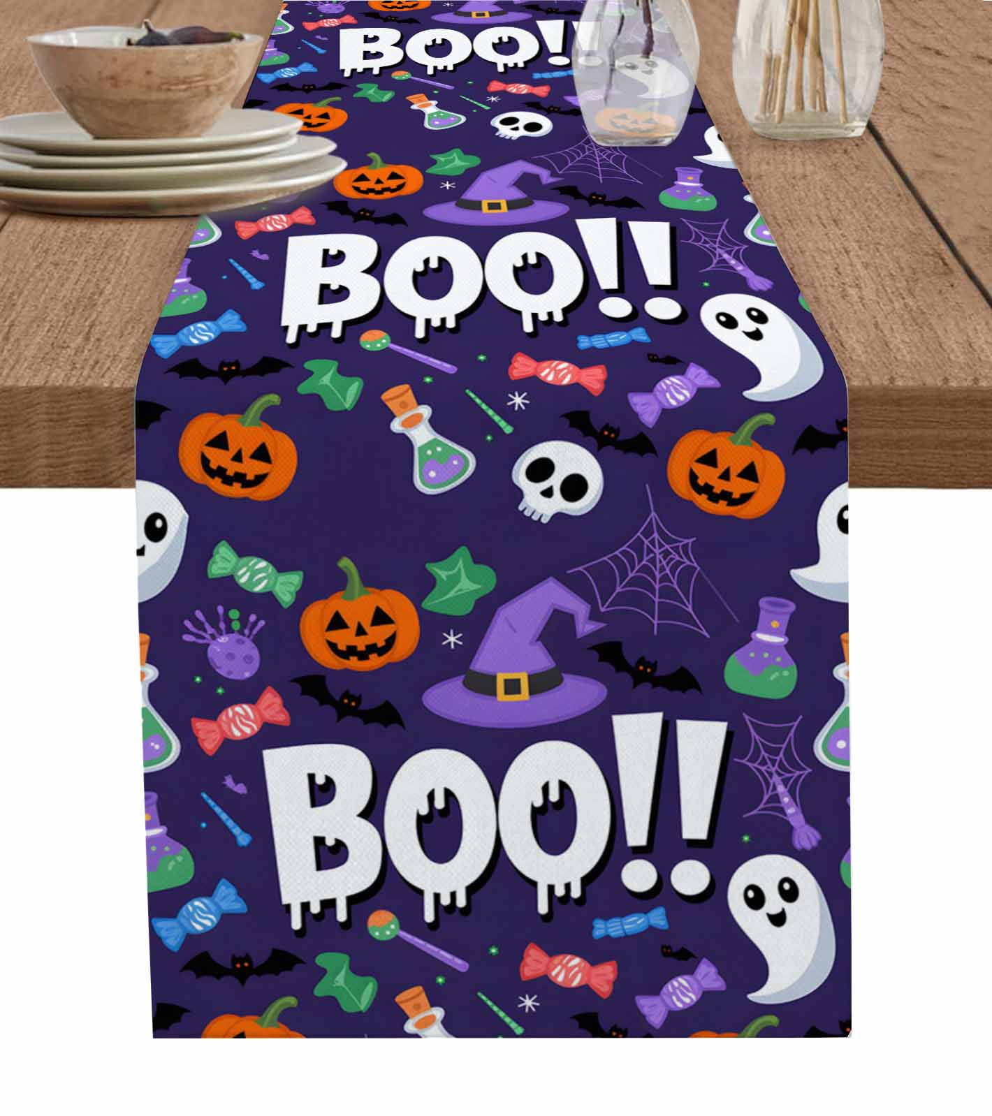 Blue Halloween Burlap Cotton Table Runner 13x48 Inches Long, Ghost Bat ...