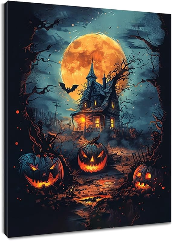 Blue Halloween Canvas Wall Art Orange Pumpkin Dead Tree Full Moon Black ...