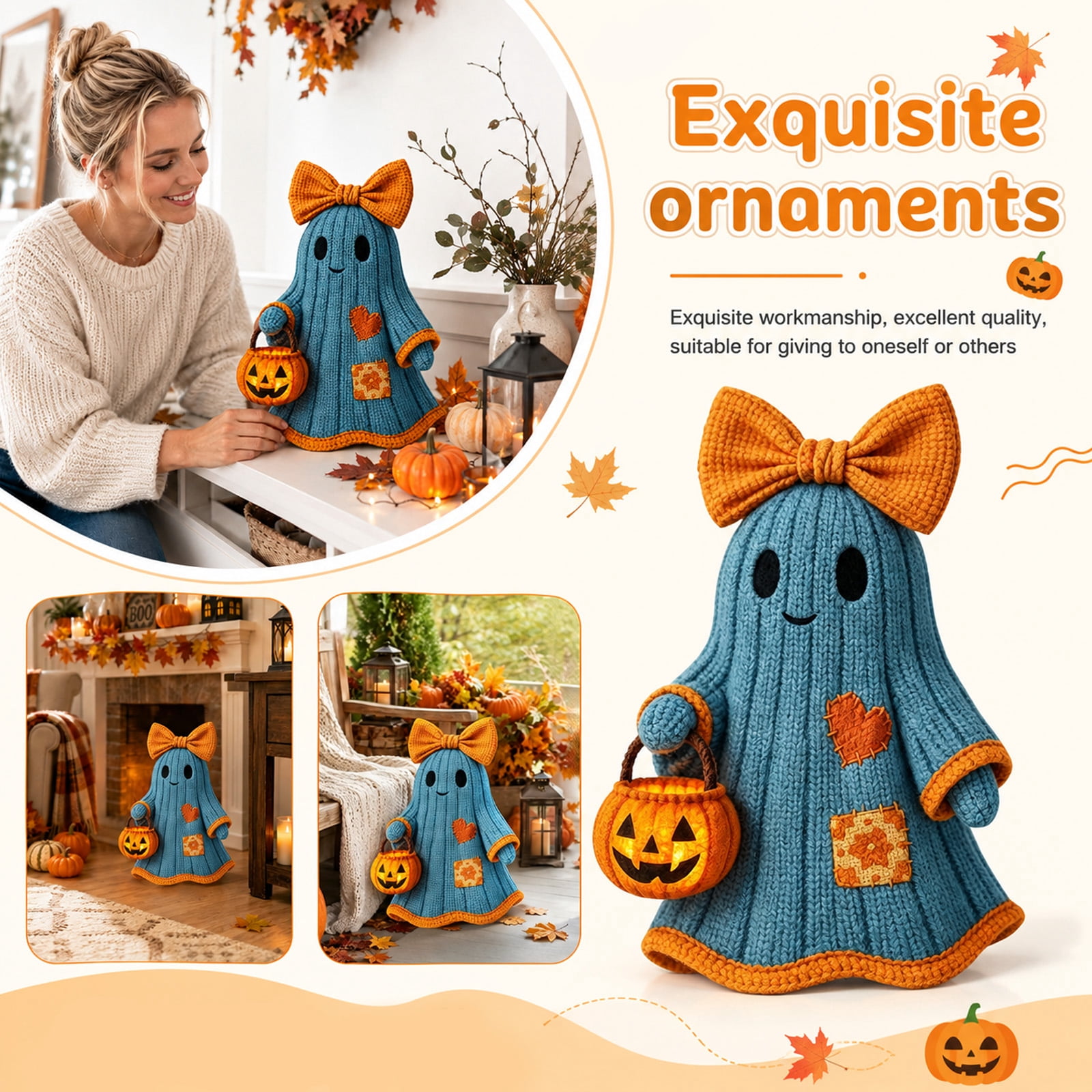 Blue Halloween Ghost with Light Up Pumpkin, Cute Knitted Holiday Decor ...