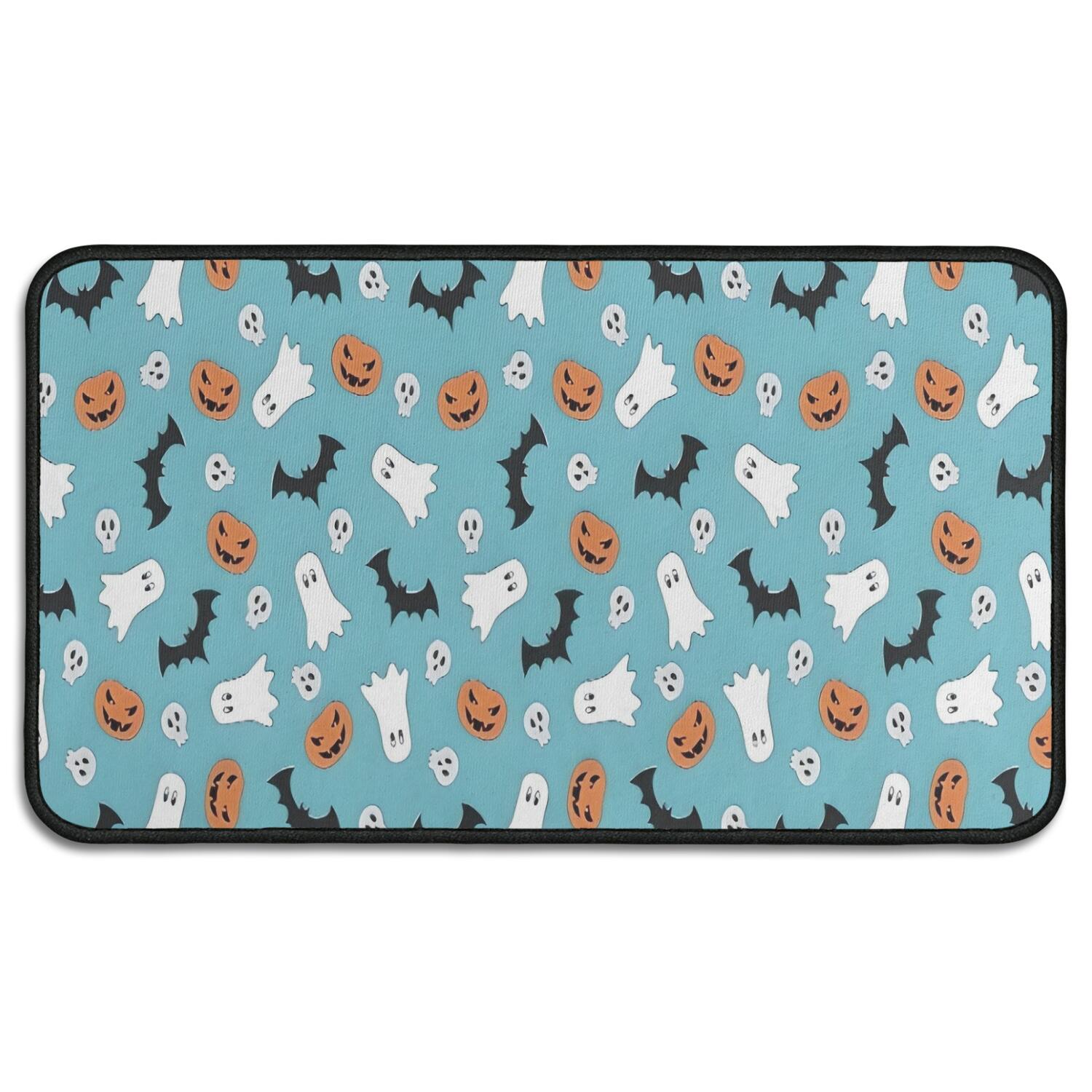 Blue Halloween Ghosts Pumpkins Skulls and Bats Door Rugs,Washable Non ...