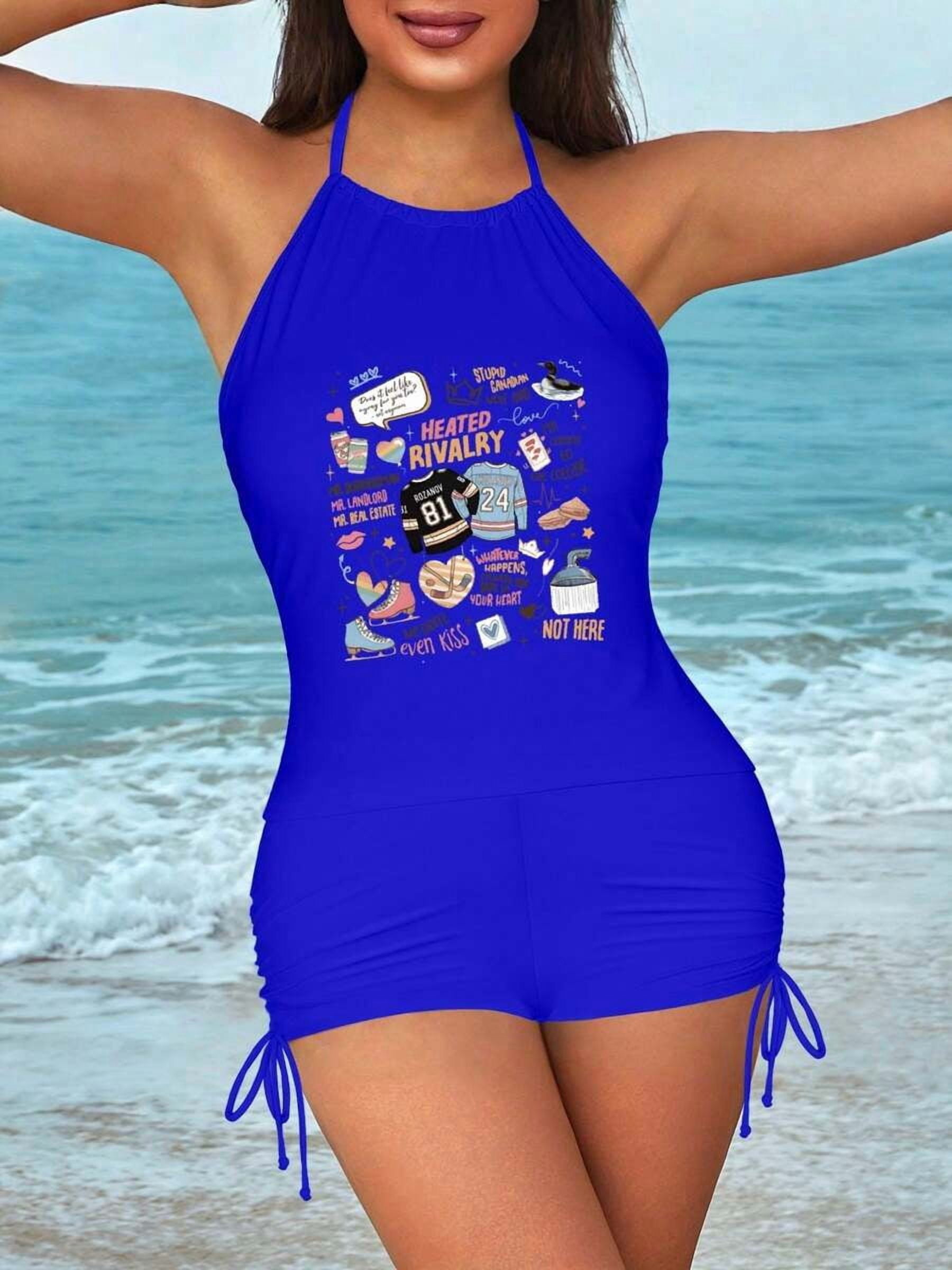 Blue Halter Neck Cartoon Graphic Swimsuit Set With Ruched Drawstring ...