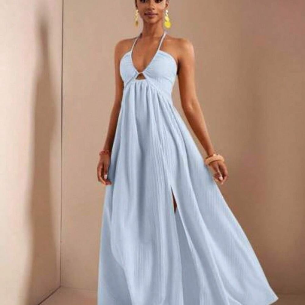 Blue Halter Neck Maxi Dress With Front Thigh Slit And Keyhole Detail ...