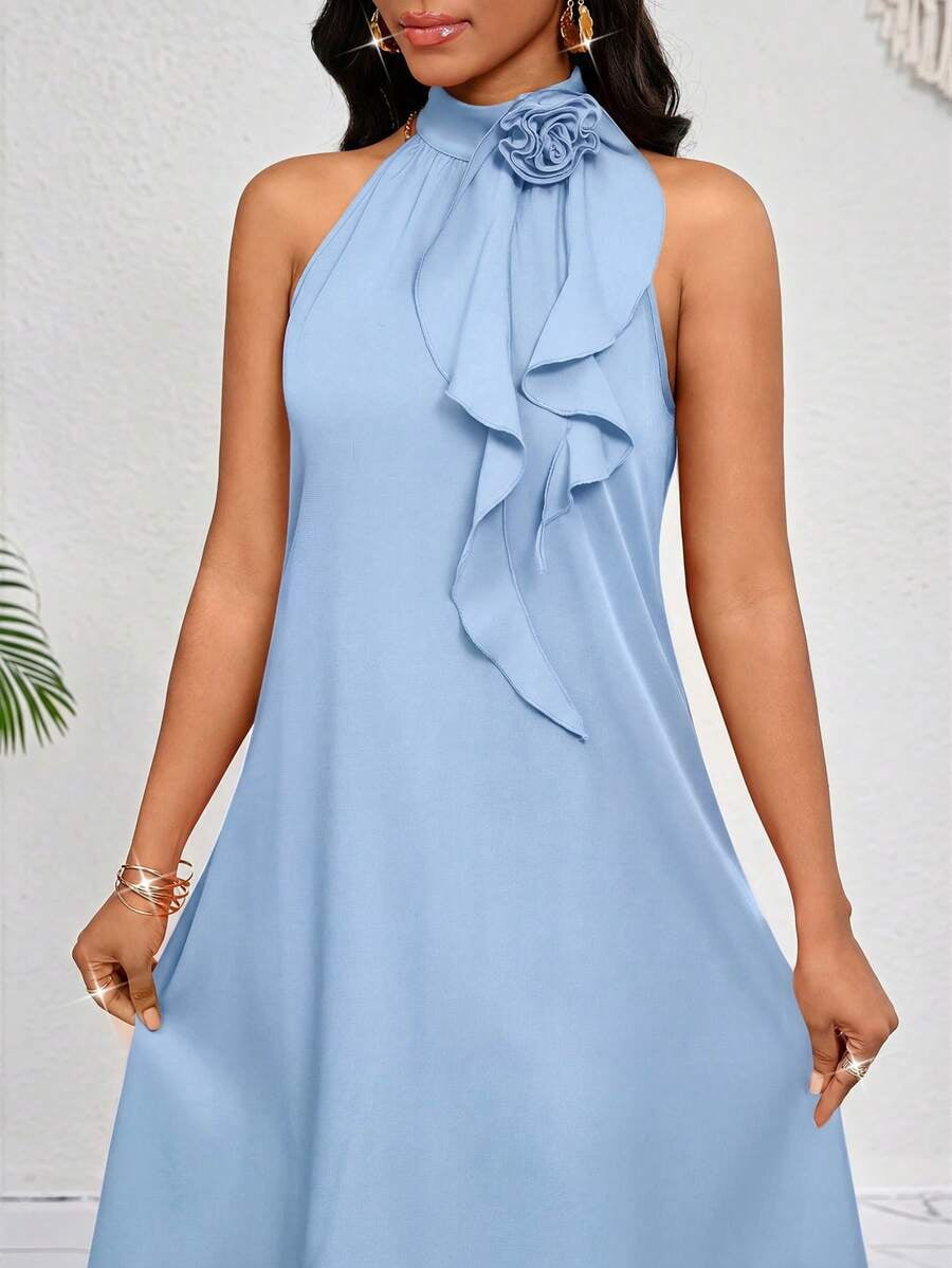 Blue Halter Neck Midi Dress With 3D Flower And Cascading Ruffle Detail ...