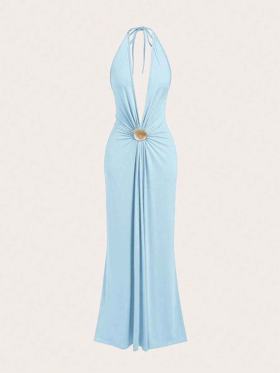 Blue Halter Neck Ruched Maxi Dress With Gold-Tone Medallion Accent ...