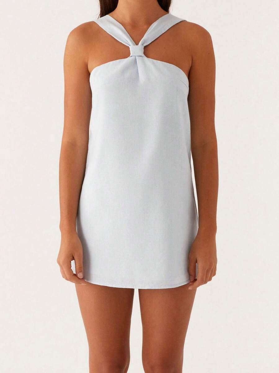 Blue Halter Neck Twist Knot Mini Dress Sleeveless Cross Tie Back Casual ...