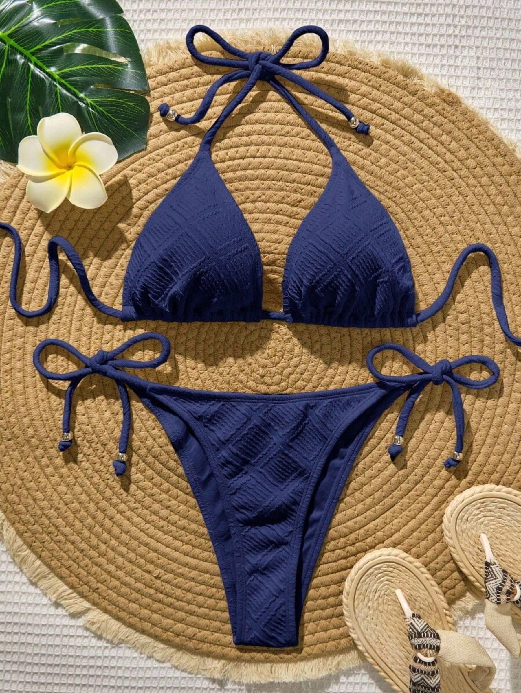 Blue Halter Tie-Up Textured Bikini Two-Piece Swimwear Set For Beach ...