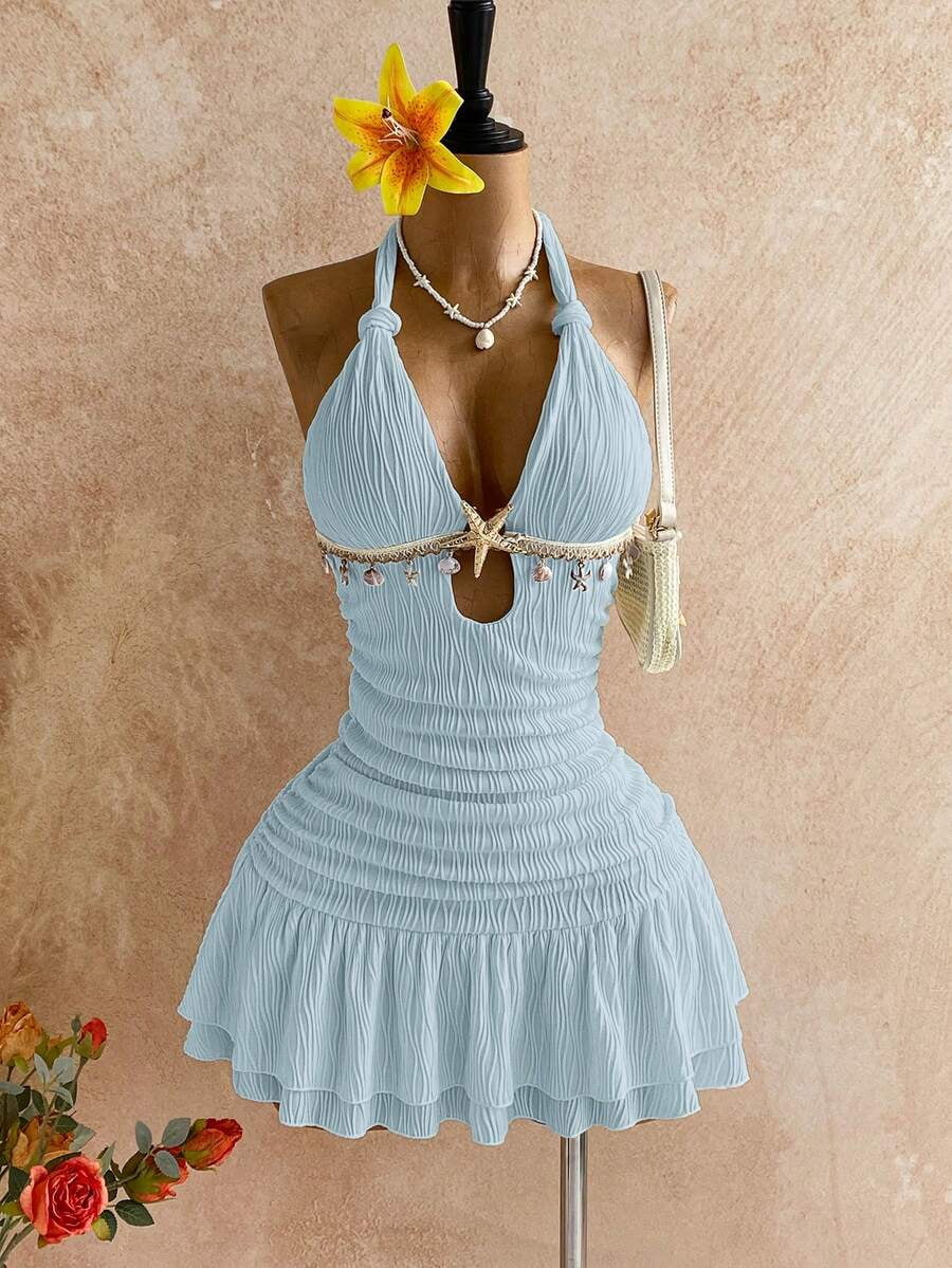 Blue Halter Twist Ruched Bodycon Mini Dress With Shell And Starfish ...
