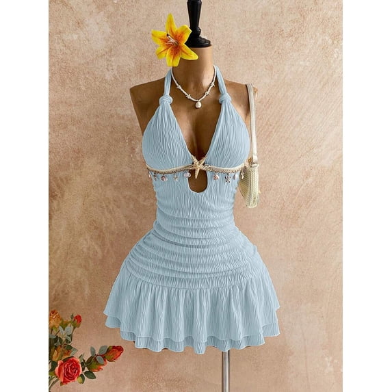 Blue Halter Twist Ruched Bodycon Mini Dress With Shell And Starfish ...