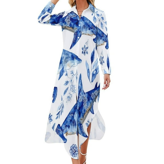 Blue Hammerhead Shark Shirt Dress Long Sleeve Street Fashion V Neck ...