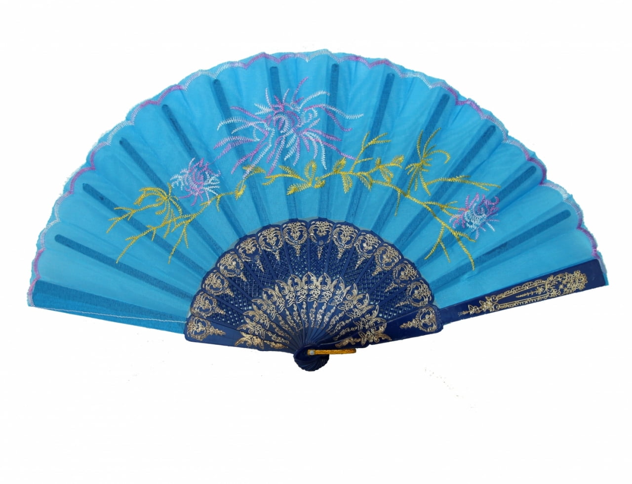 Blue Flower & Animal Printed Folding Fabric Hand Fan with Plastic Slab ...