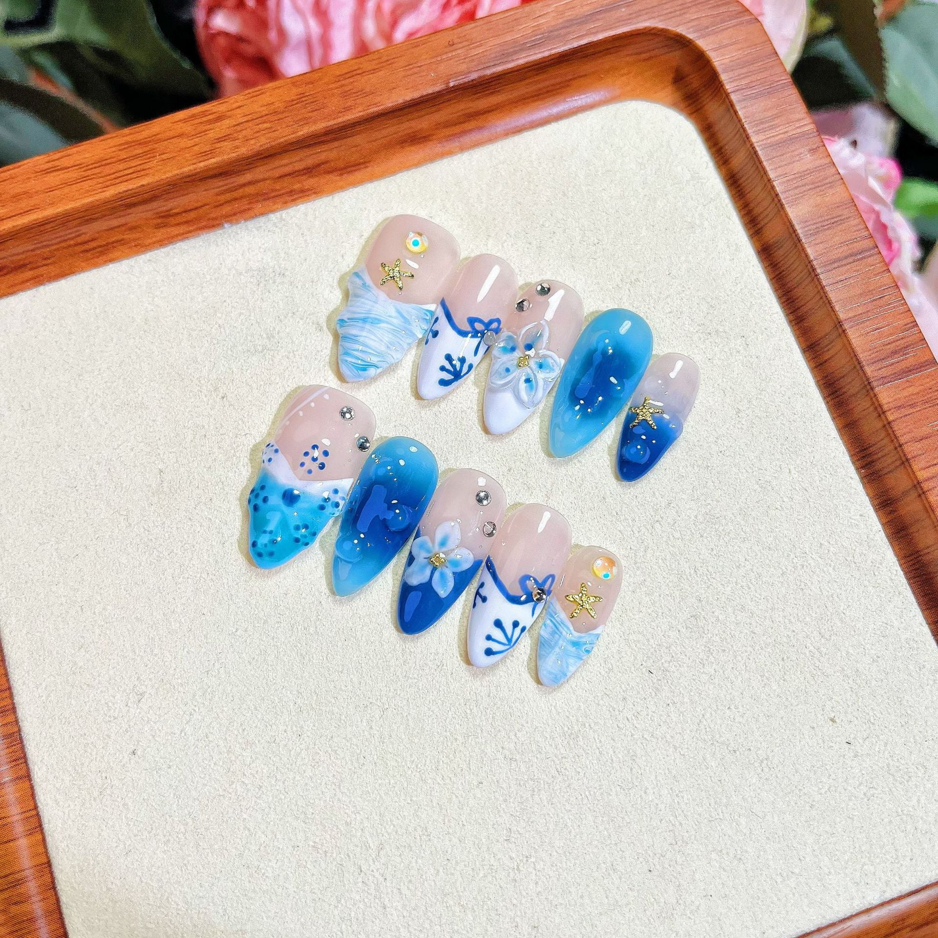 Blue Hand-painted Carved Summer Ice Transparent Wear Fake Nails ...