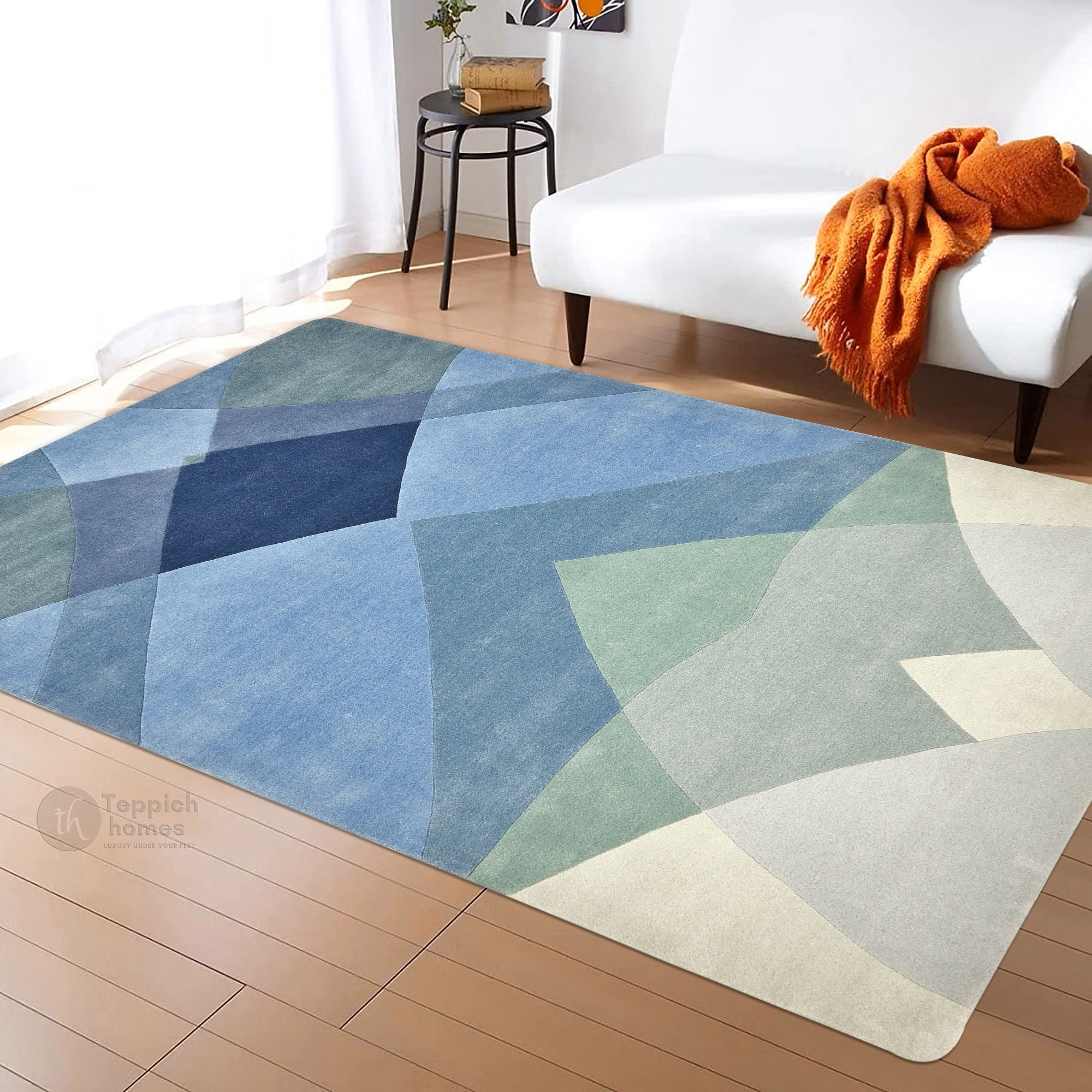 Blue Handmade Rug 12X12, Geometric Carpet, Area Rugs, Dining room ...