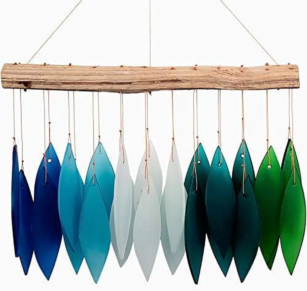 Blue Handworks Gradient Ocean Waterfall & Driftwood Glass Leaves Chime ...