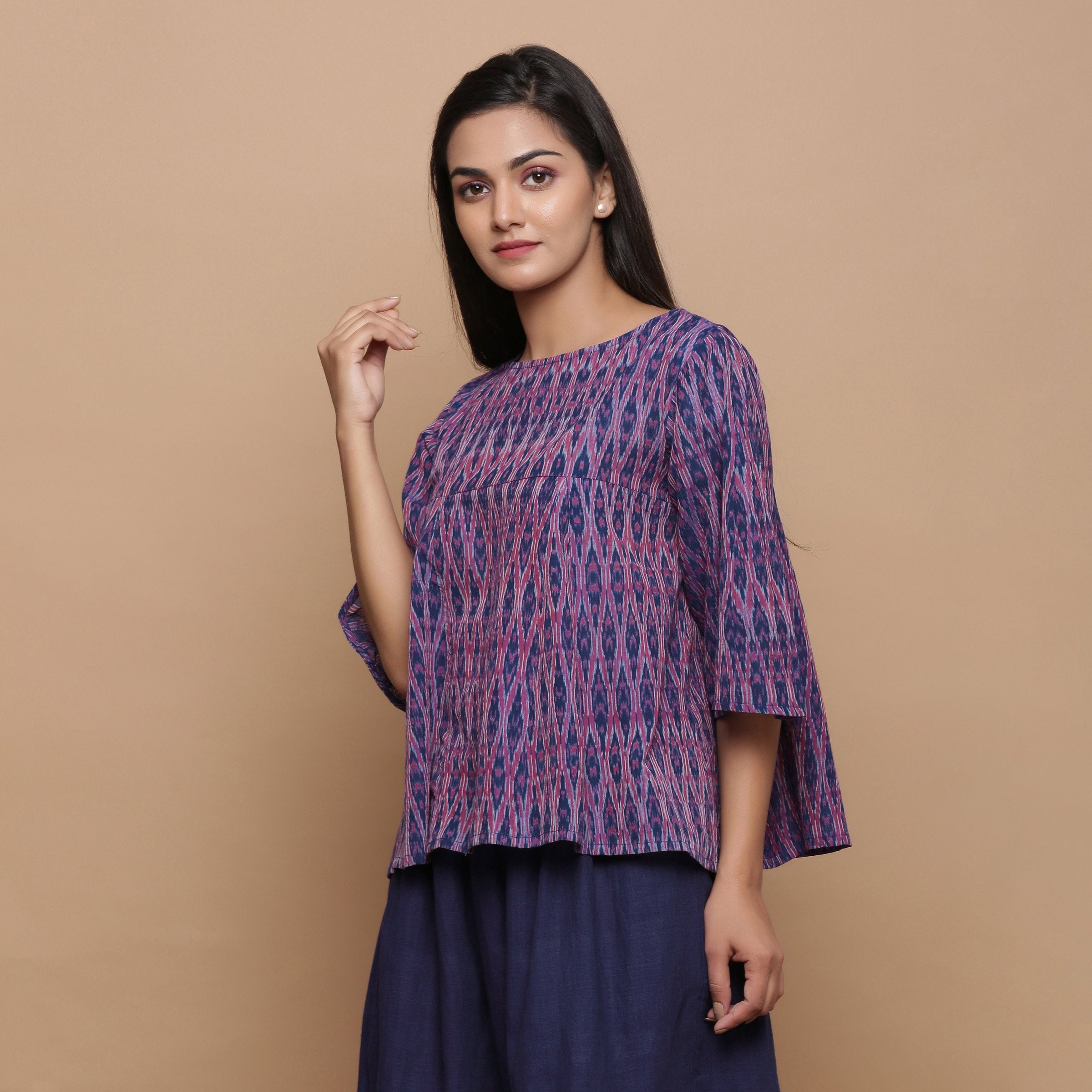 Blue Handwoven Cotton Ikat Godet Flared Top - Walmart.com