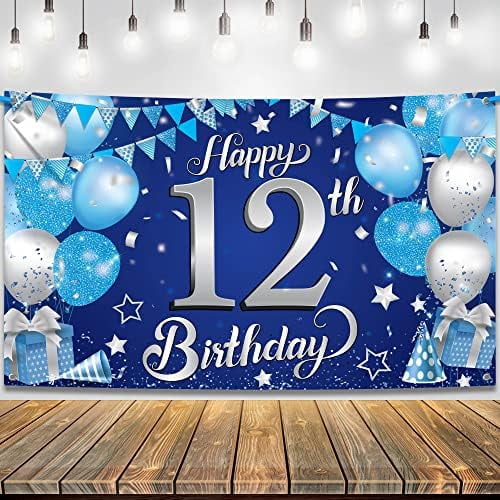 Blue Happy 12th Birthday Banner, Blue Silver 12th Happy Birthday ...