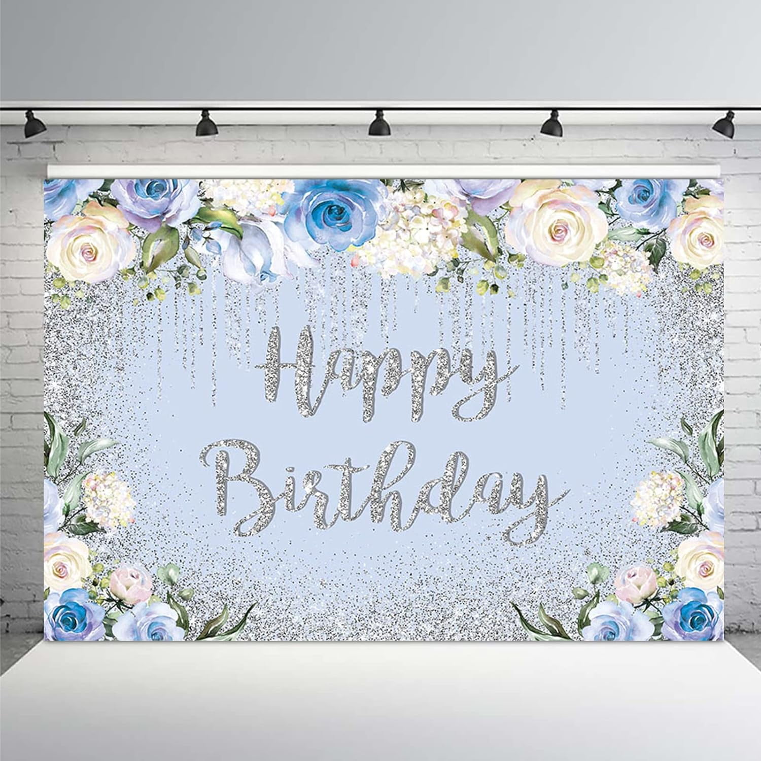 Blue Happy Birthday Backdrop Blue and White Floral Silver Glitters ...