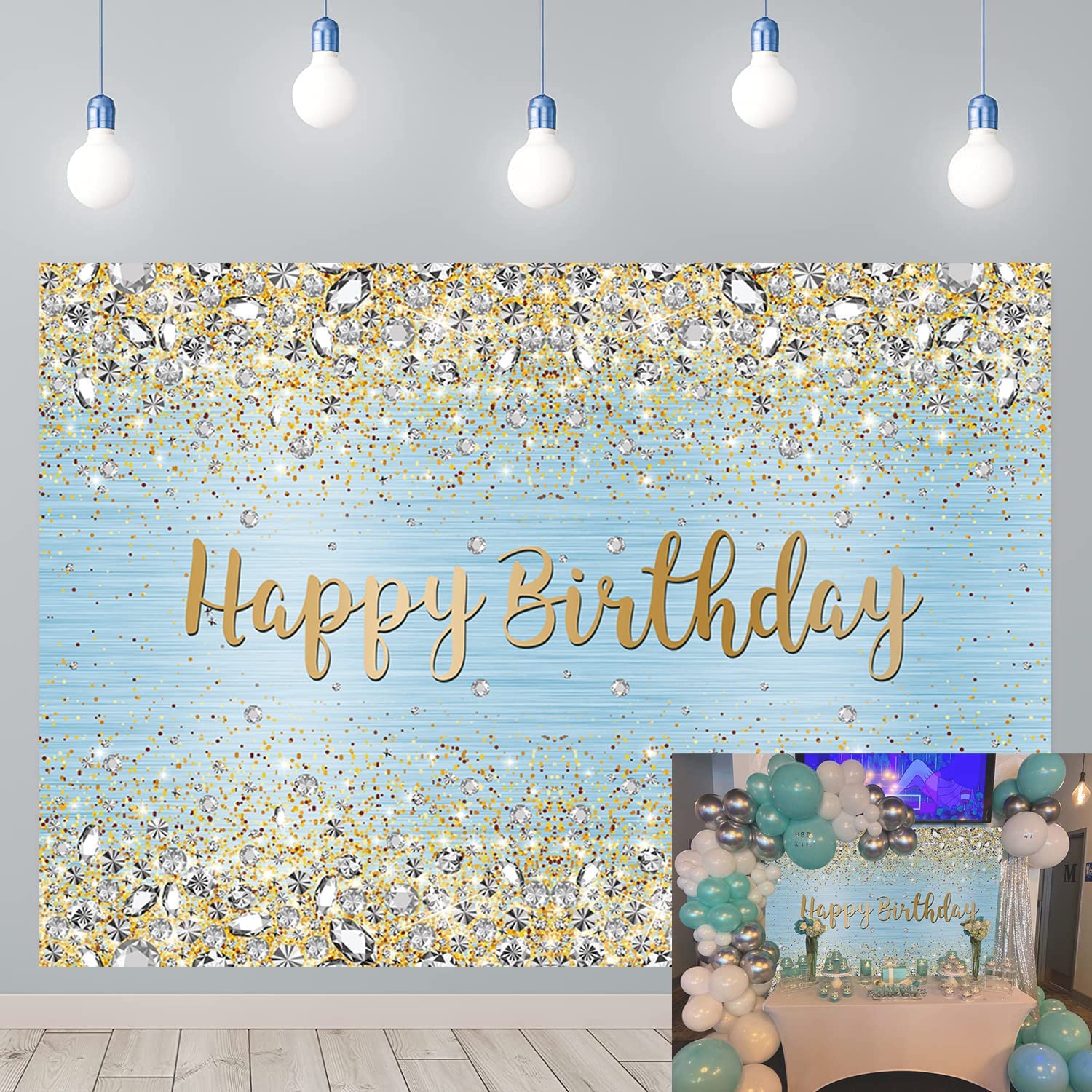 Blue Happy Birthday Backdrop Golden Diamond Bokeh Photography ...