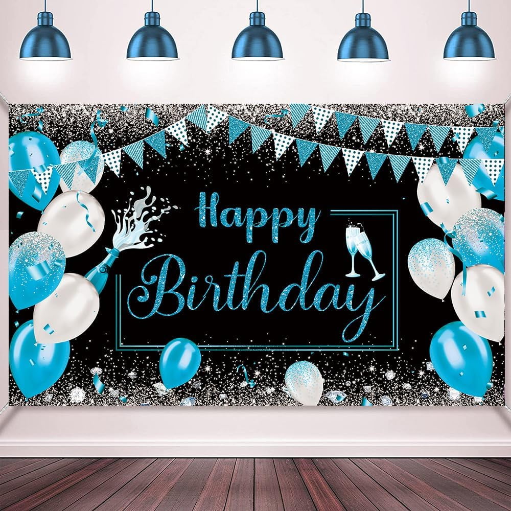 Blue Happy Birthday Backdrop Pennant Champagne Blue and White Balloons ...