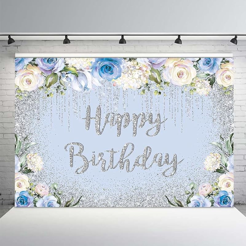 Blue Happy Birthday Backdrop Blue and White Floral Silver Glitters ...