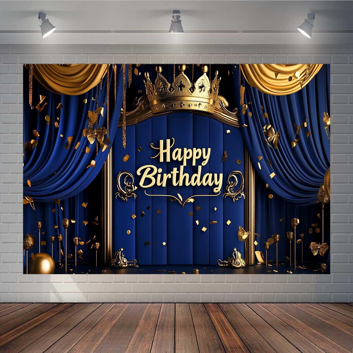 Blue Happy Birthday Backdrops Golden Crown Blue Curtain Boys Party ...