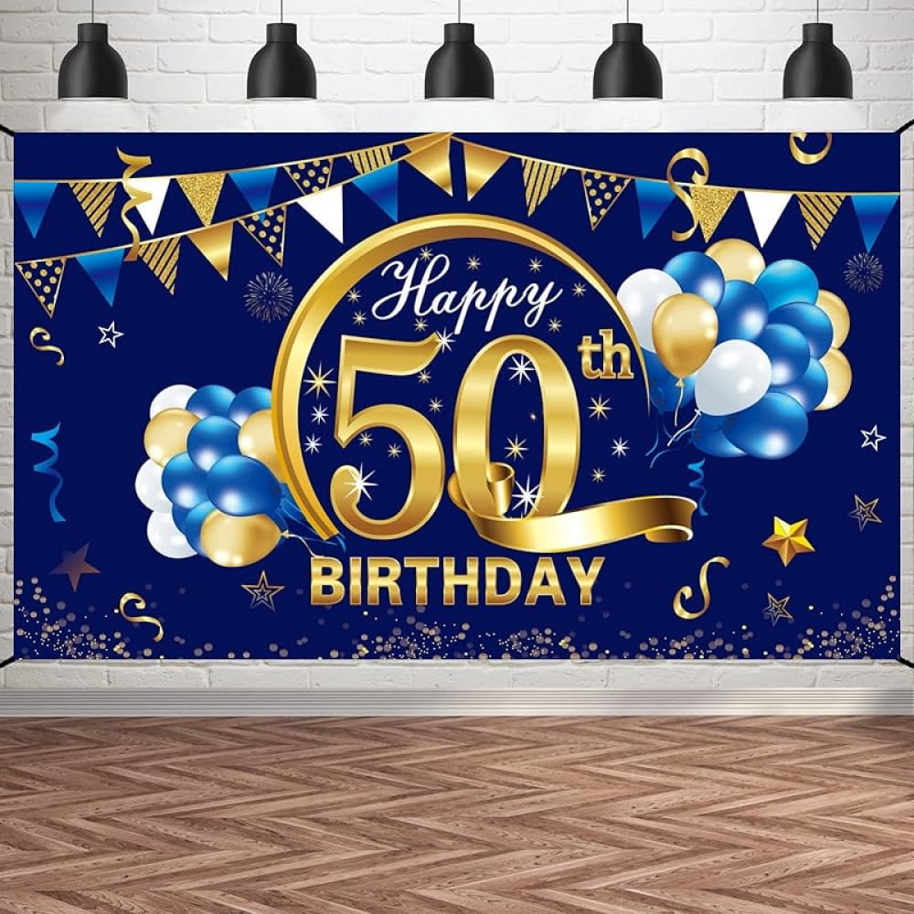 Blue Happy Birthday Banner Decorations for Men, Blue Gold Birthday Backdrop Party Supplies ...