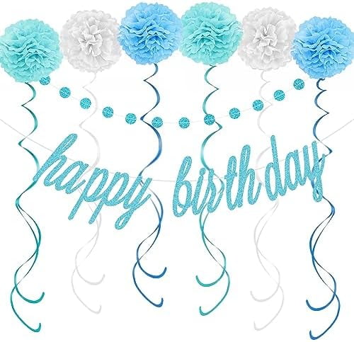 Blue Happy Birthday Decorations – Blue Happy Birthday Banner, Paper Pom ...