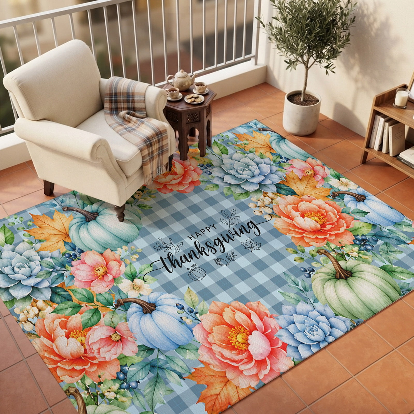 Blue Happy Thanksgiving Area Rugs 5'x7', Washable Small Throw Rugs for ...