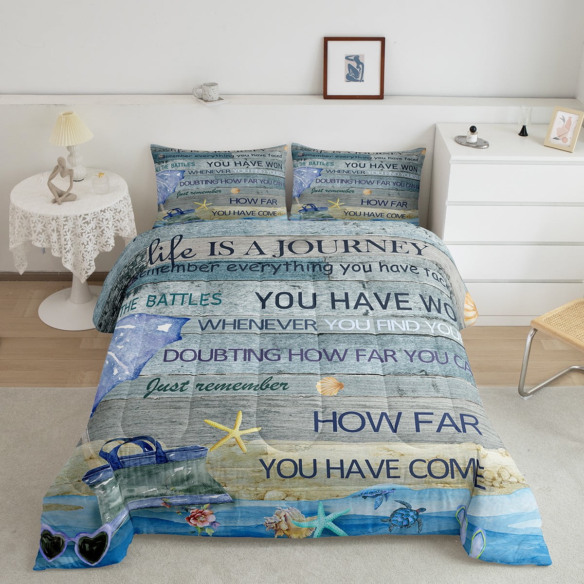 Blue Hawaii Beach Decor Bedding Set Inspirational Quotes Quilt Life Is ...