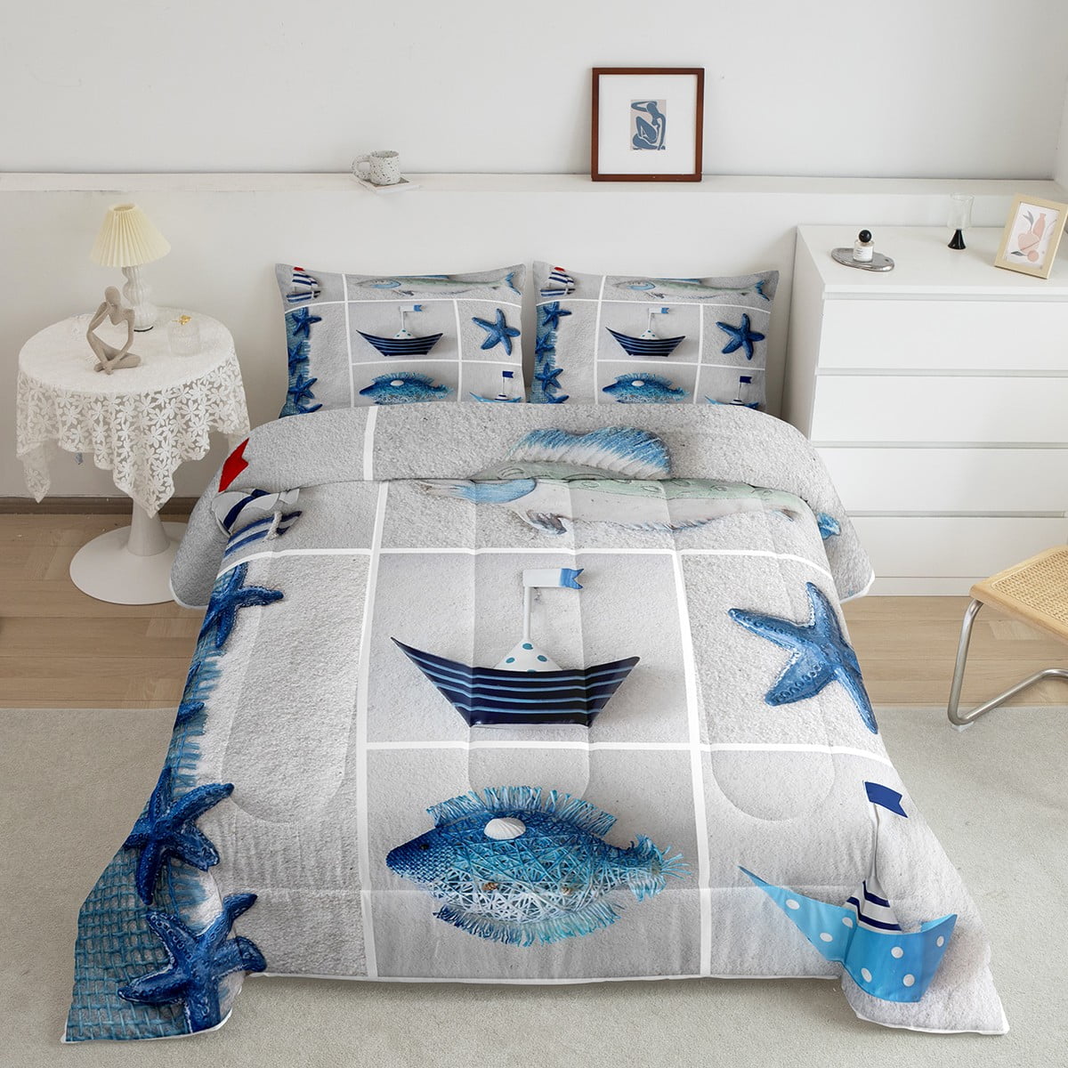 Blue Hawaii Bedding Set Starfish Quilt for Women Adults,Patchwork Fish ...