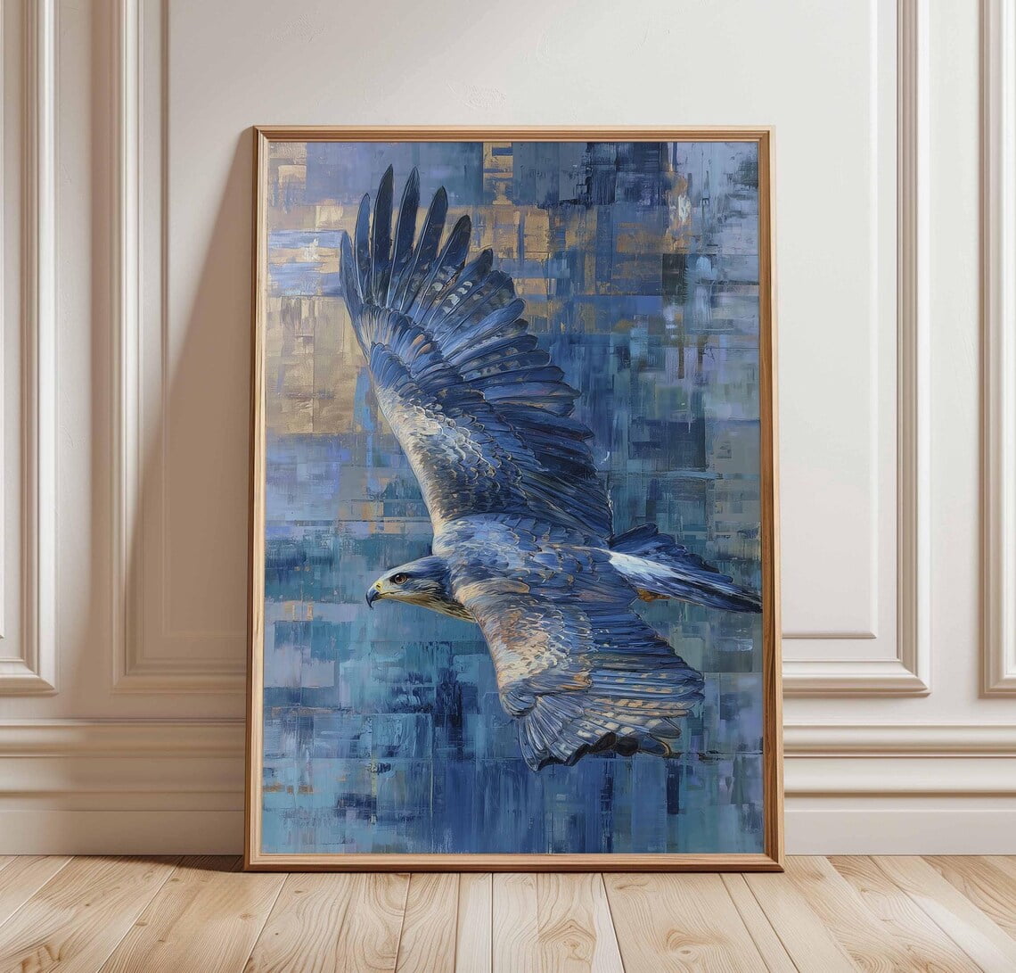 Blue Hawk Poster Abstract Bird of Prey Wall Art Flying Hawk Decor ...
