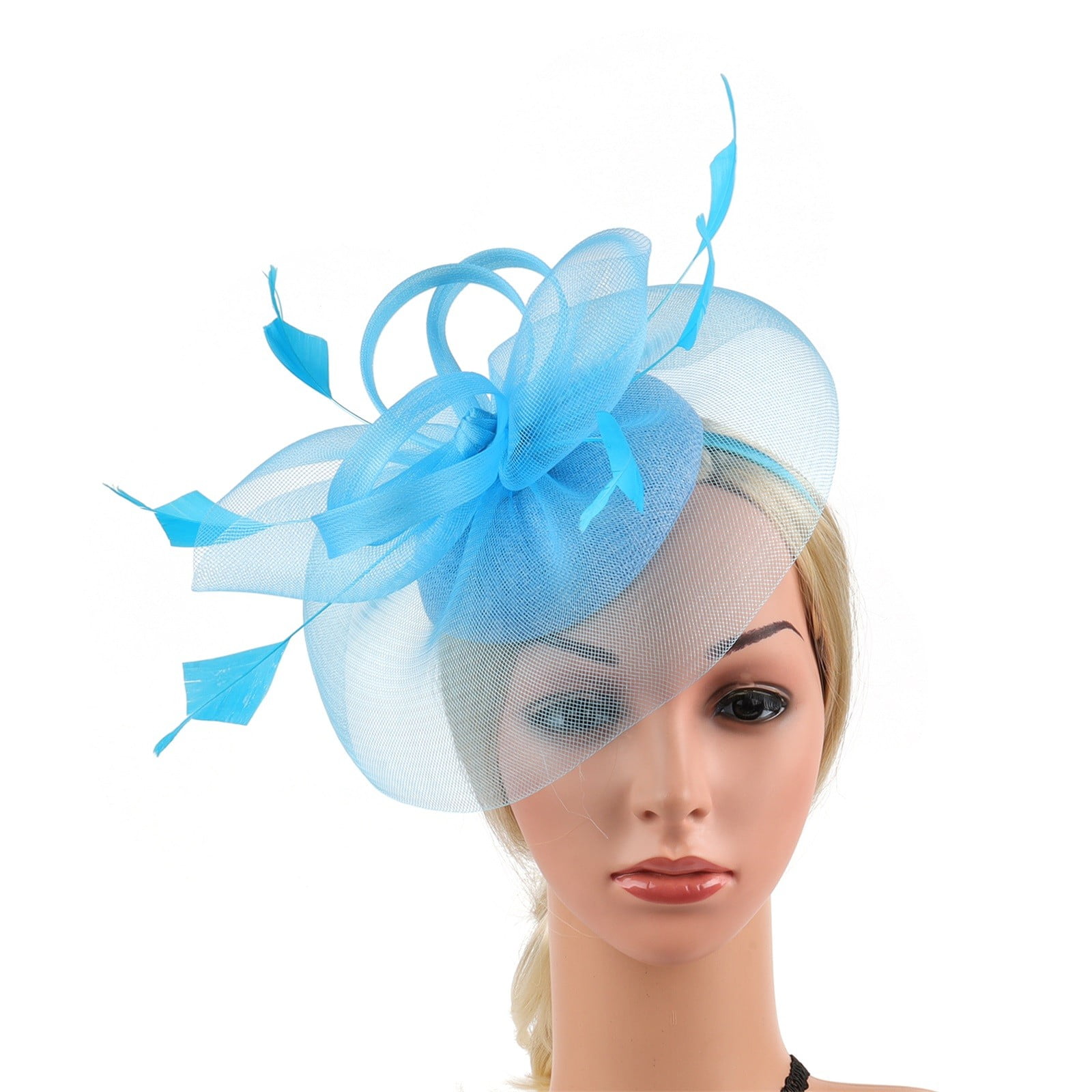 Blue Headband for Women 2025 Fascinator Hat Flower Feather Mesh Tea ...