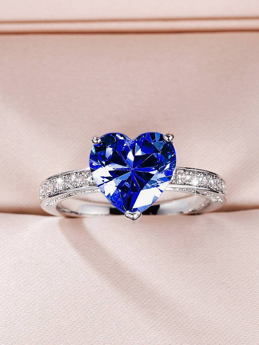 Blue Heart Cubic Zirconia Ring For Women Valentines Day Wedding ...