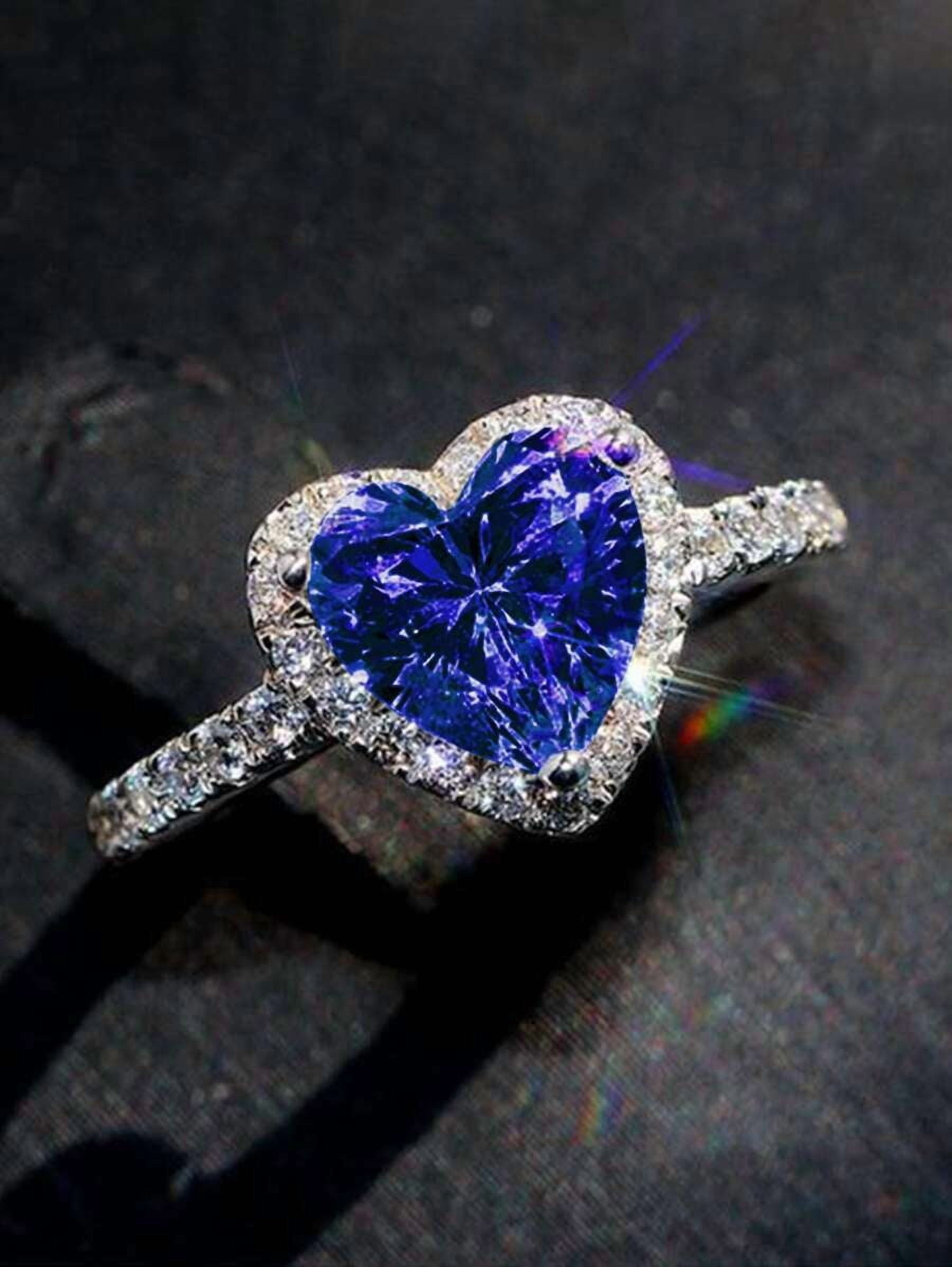 Blue Heart Cubic Zirconia Ring With Silvertone Band, Romantic Jewelry ...