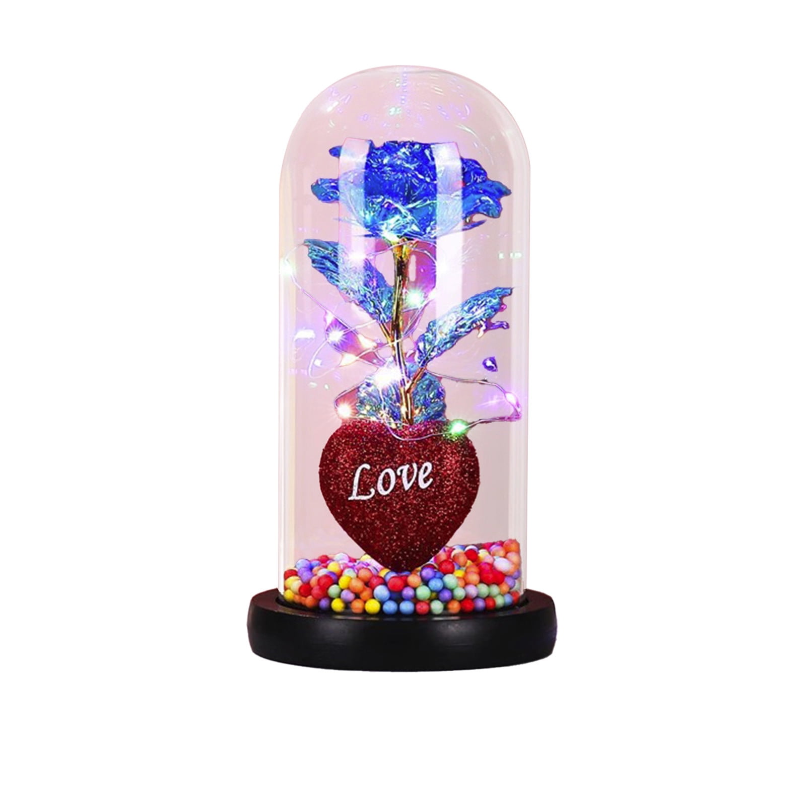 Blue Heart Shape Preserved Rose Night Light In Glass Dome For Valentine ...