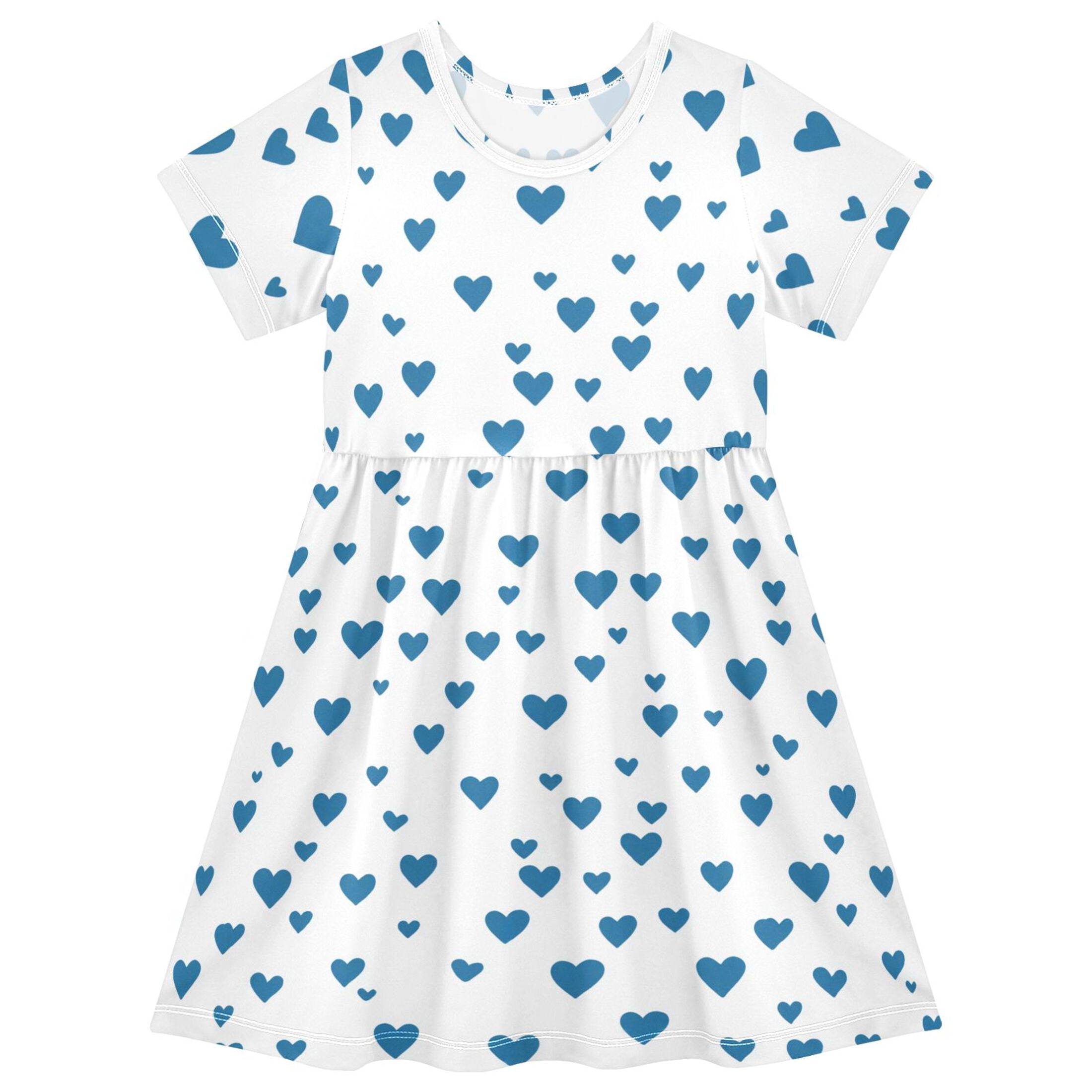 Blue Heart Short Sleeve Dress A-Line Cute Midi Casual Sundress 2-8 ...