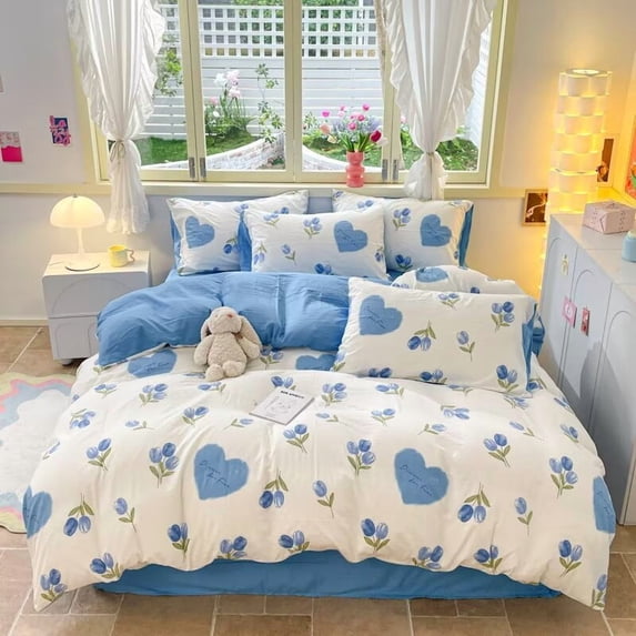Blue Hearts Duvet Cover & Pillowcase Set Cozy Washed Cotton Bedding ...