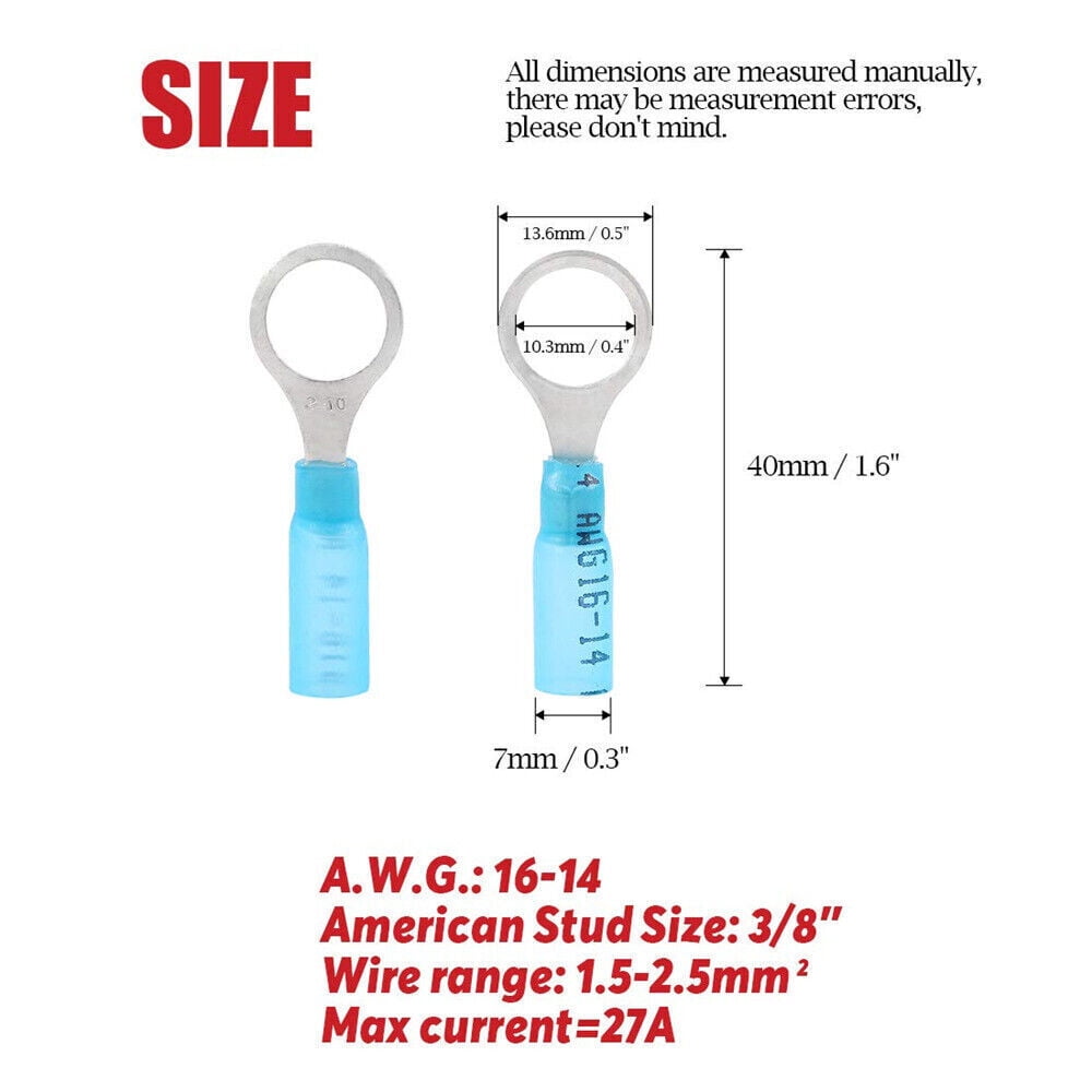 Blue Heat Shrink Ring 3/8" Eyelet Terminals Wire Connectors 16-14 AWG ...