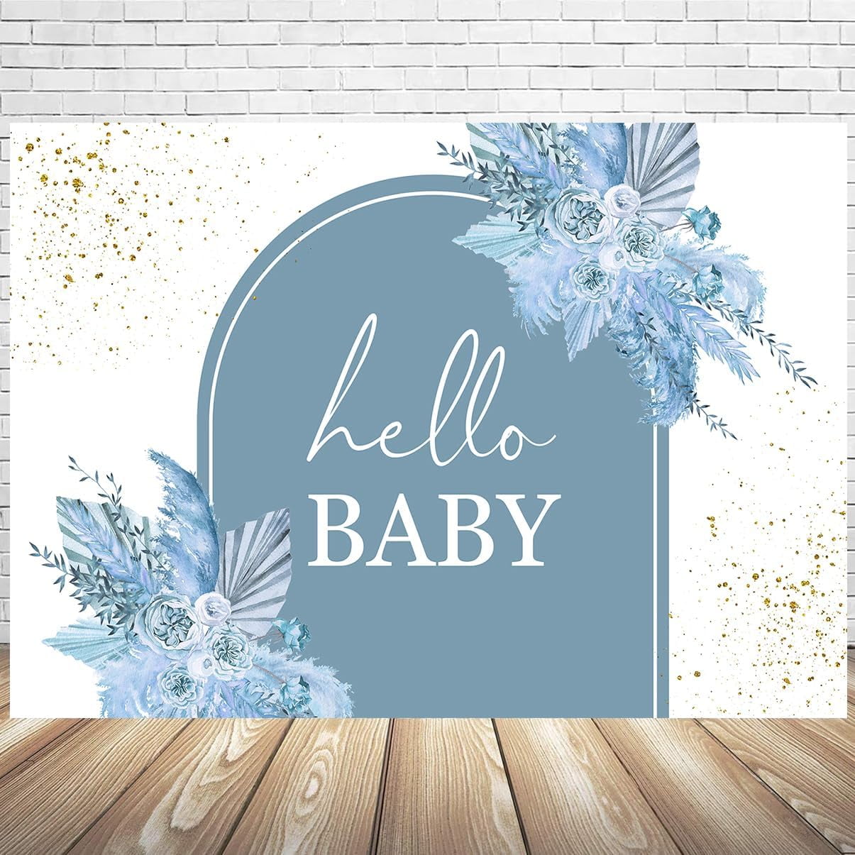 Blue Hello Baby Arch Backdrop Bohemian Flower Pampas Grass Dots Oh Baby ...