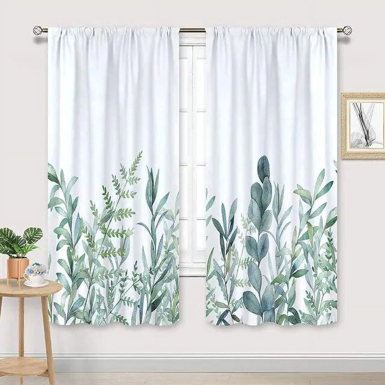 Blue Herb Watercolor Leaves 3D Printing Window Curtain 2 PANEL for Kids ...