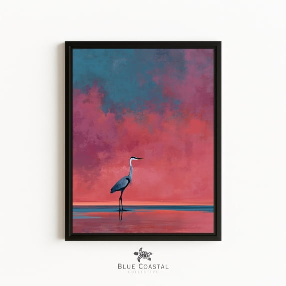 Blue Heron Art Teal Coral Abstract Sky Dark Moody Coastal Bird Wall Art ...