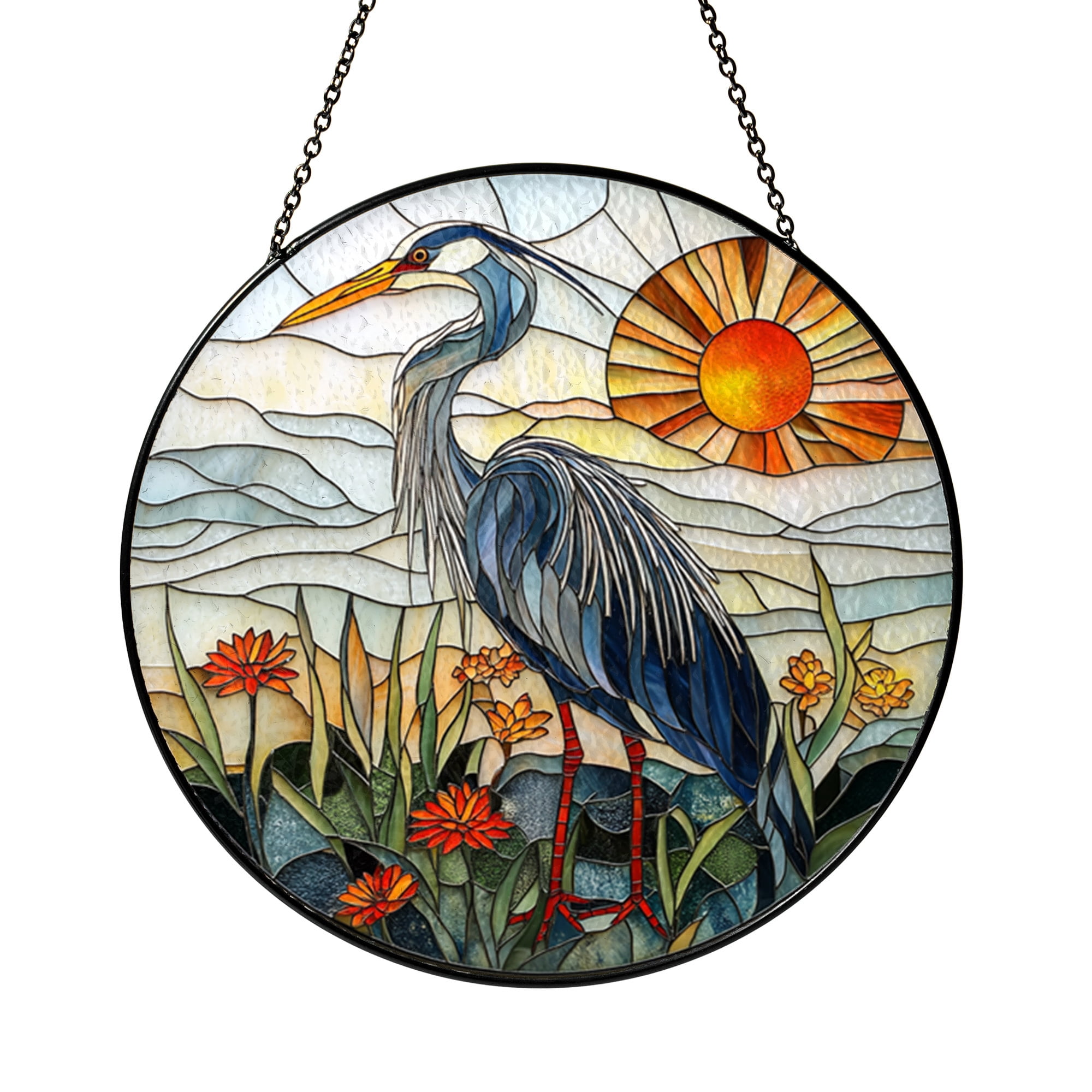 Blue Heron Bird Stained Glass Suncatcher Round Window Hanging Panel for ...