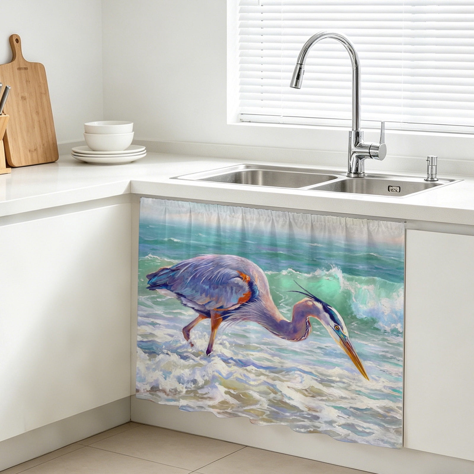 Blue Heron Cabinet Curtains for Kitchen 10"W x 11"L, Coastal Ocean ...